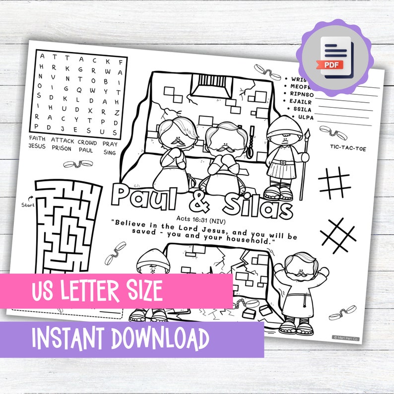 Paul and Silas Activity Placemat, Bible Story Coloring Placemat as ...