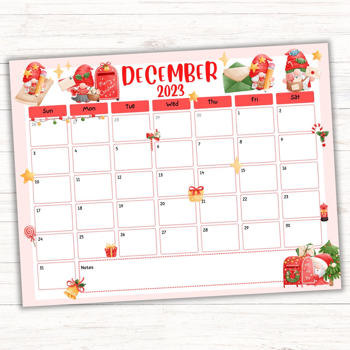 December 2023 Gnome Calendar, Editable Christmas Gnome Monthly Calendar ...