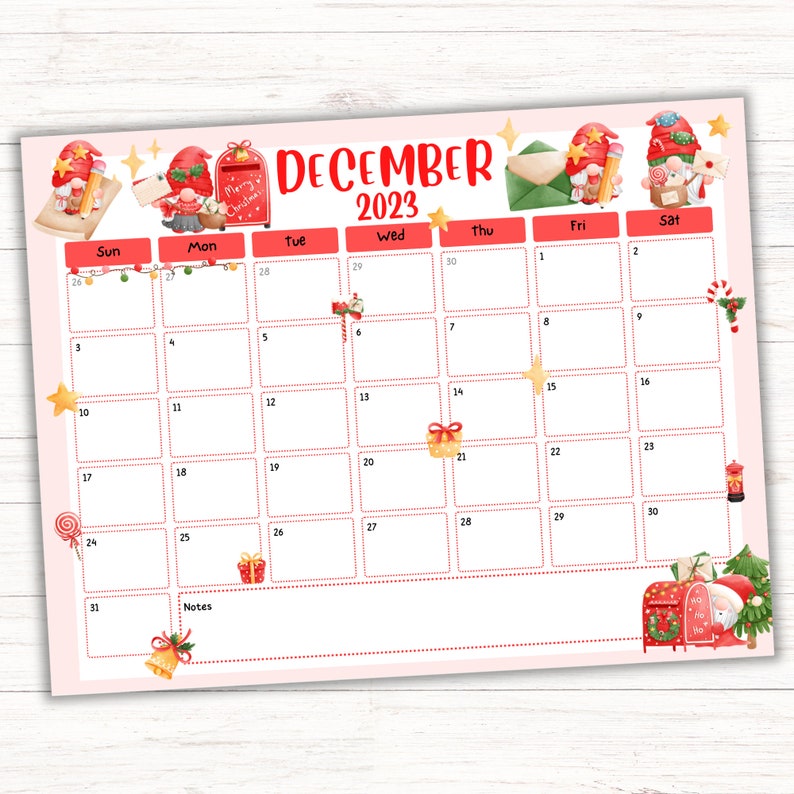 December 2023 Gnome Calendar, Editable Christmas Gnome Monthly Calendar ...