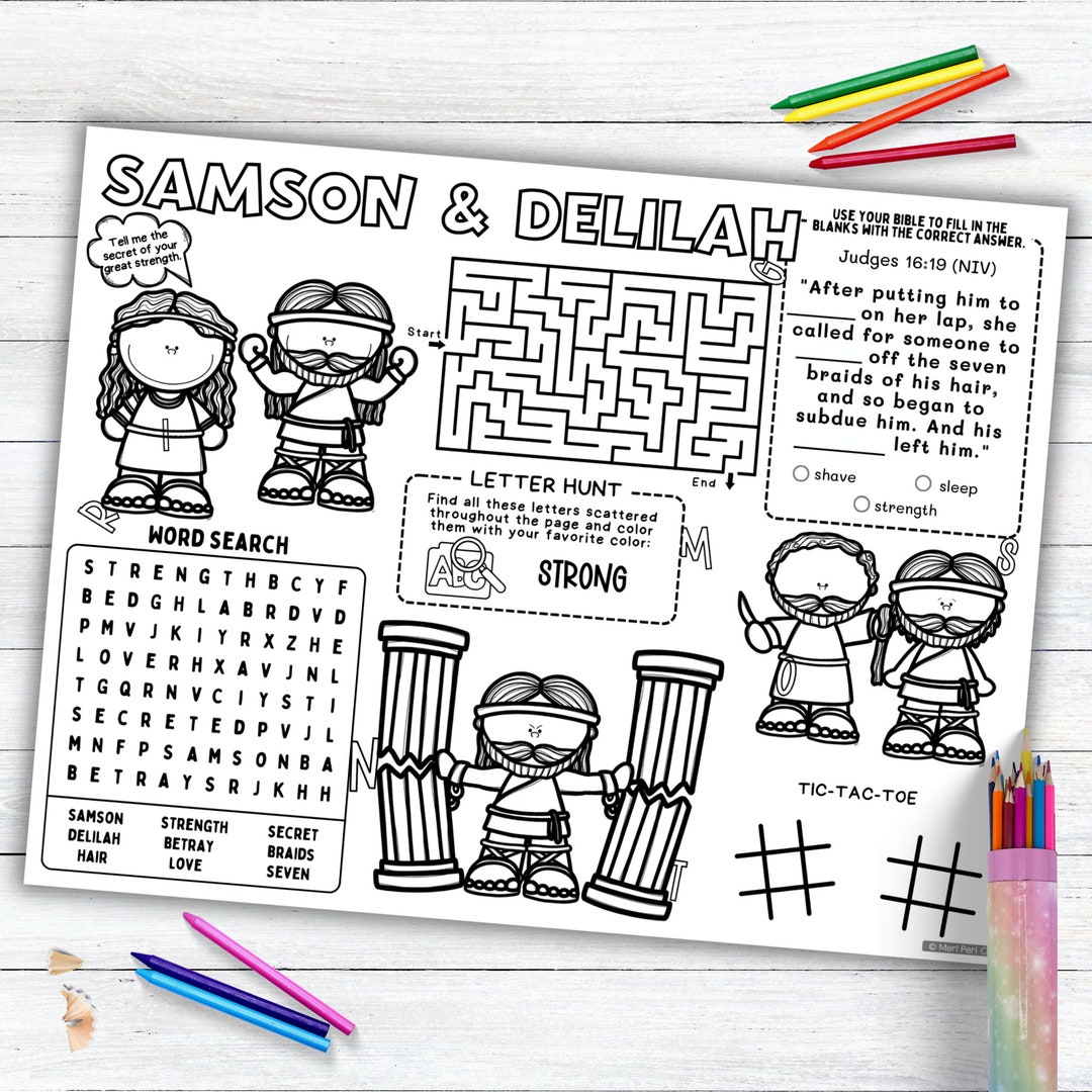 Samson and Delilah Activity Placemat, Bible Story Coloring Placemat as ...
