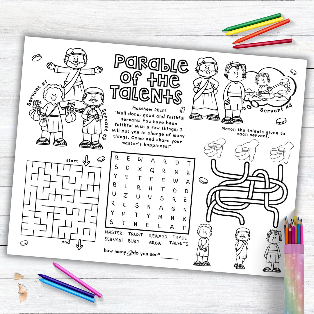 Parable of the Talents Activity Placemat, Jesus Bible Story Coloring ...