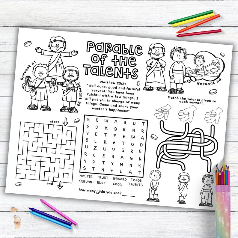 Parable of the Talents Activity Placemat, Jesus Bible Story Coloring ...