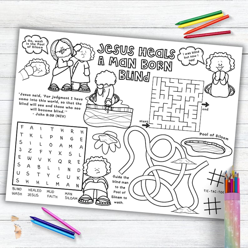 Jesus Heals a Man Born Blind Activity Placemat, Jesus Bible Story ...