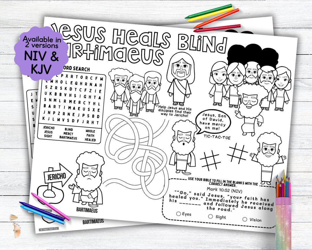 Jesus Heals Blind Bartimaeus Activity Placemat, Bible Story Coloring ...