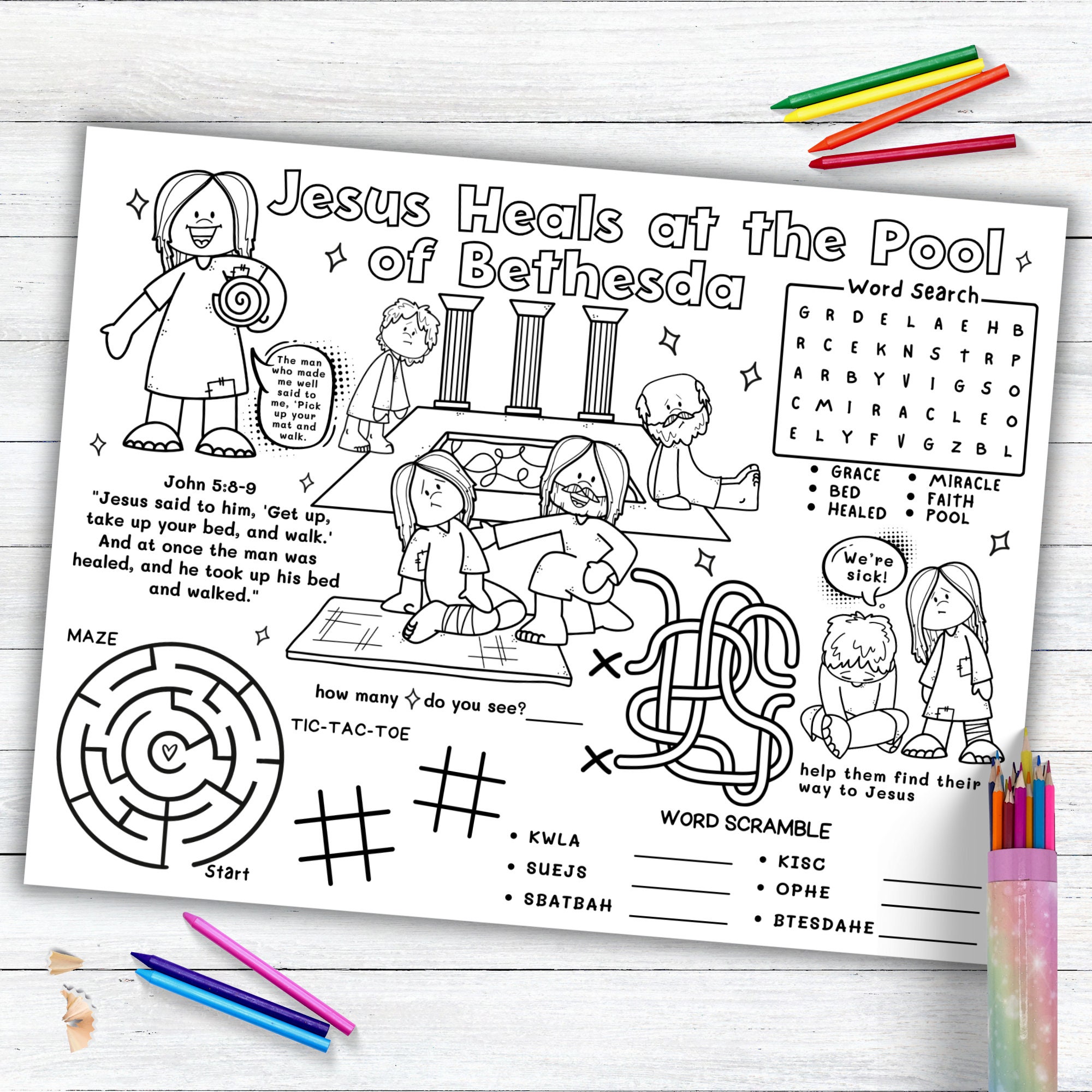 Jesus Heals at the Pool of Bethesda Activity Placemat, Bible Story ...
