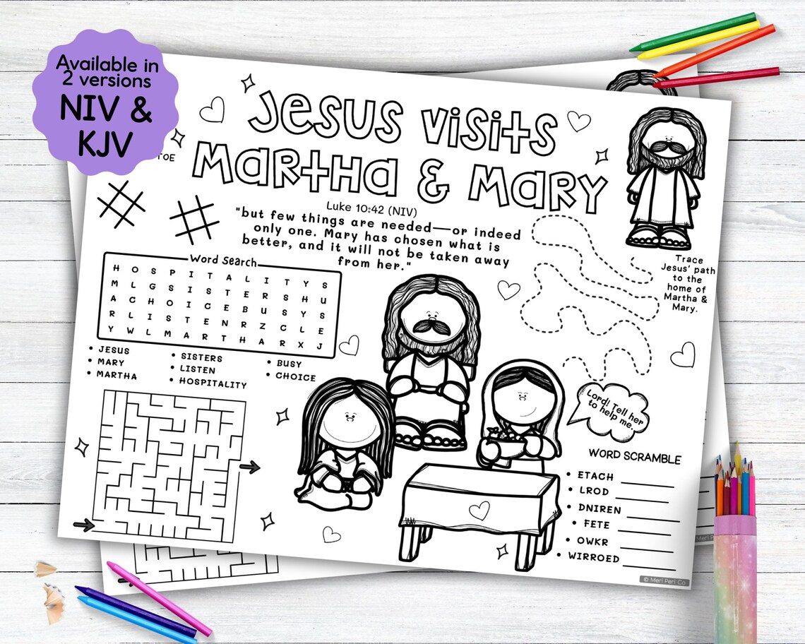 Jesus Visits Martha and Mary Activity Placemat, Bible Story Coloring ...