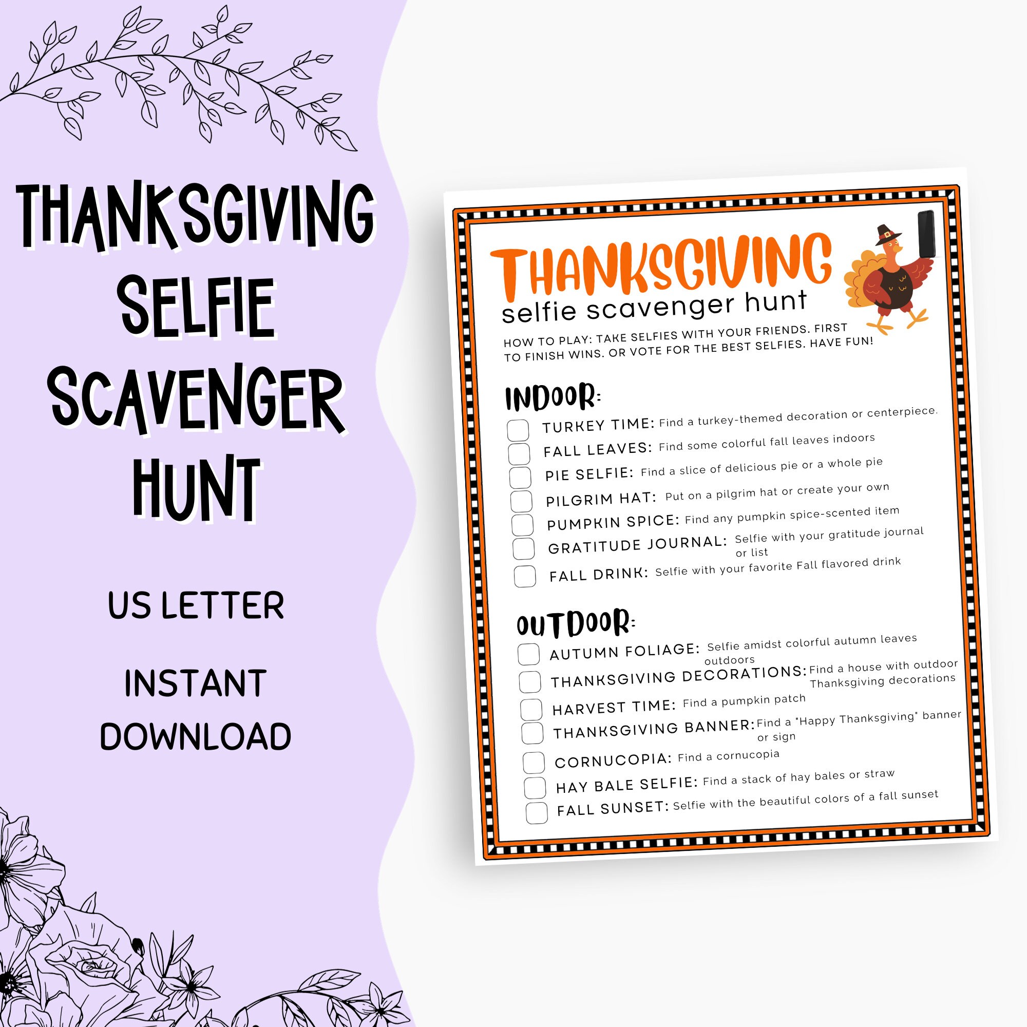 Thanksgiving Selfie Scavenger Hunt Printable Game Thanksgiving Party ...