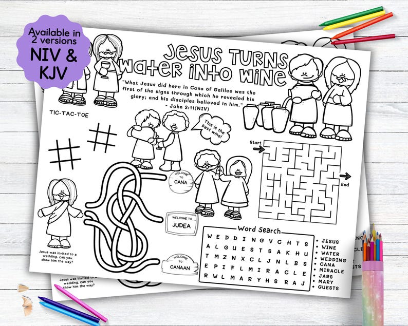 Jesus Turns Water Into Wine Activity Placemat, Jesus' Life Bible Story ...