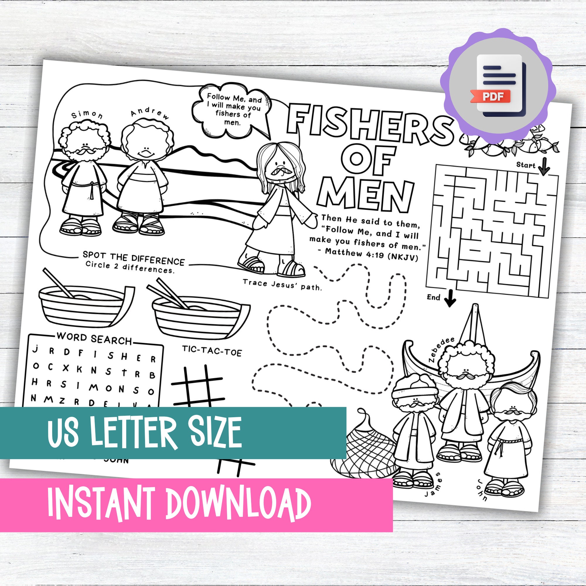 Fishers of Men Activity Placemat, Life of Jesus Bible Story Coloring ...