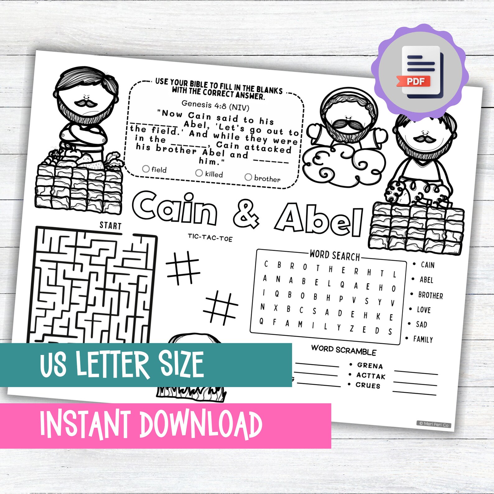 Cain and Abel Activity Placemat, Bible Story Coloring Placemat as ...