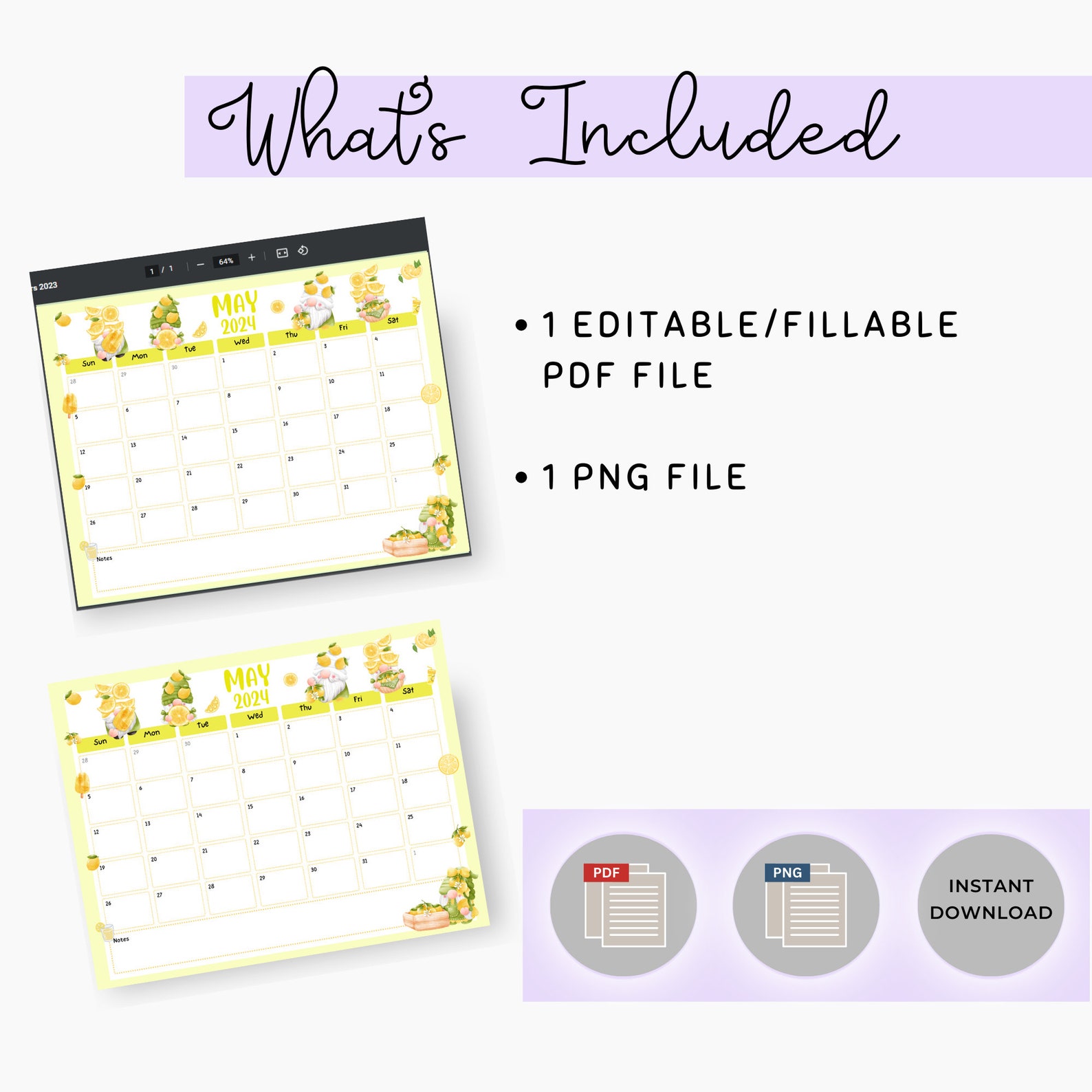 May 2024 Lemon Gnome Calendar, EDITABLE/FILLABLE Lemon Gnome Monthly ...