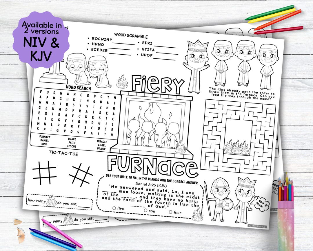 Fiery Furnace Activity Placemat, Story of Shadrach, Meshach Abednego ...