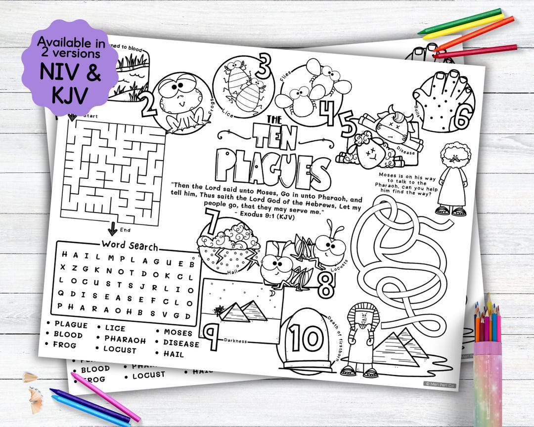The Ten Plagues, Moses Bible Story, Passover Coloring Placemat as Kids ...