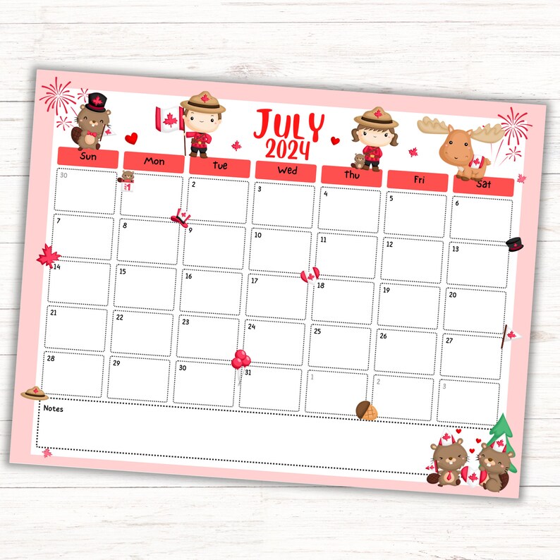 EDITABLE July 2024 Calendar, Canada Day Themed Calendar, Printable ...