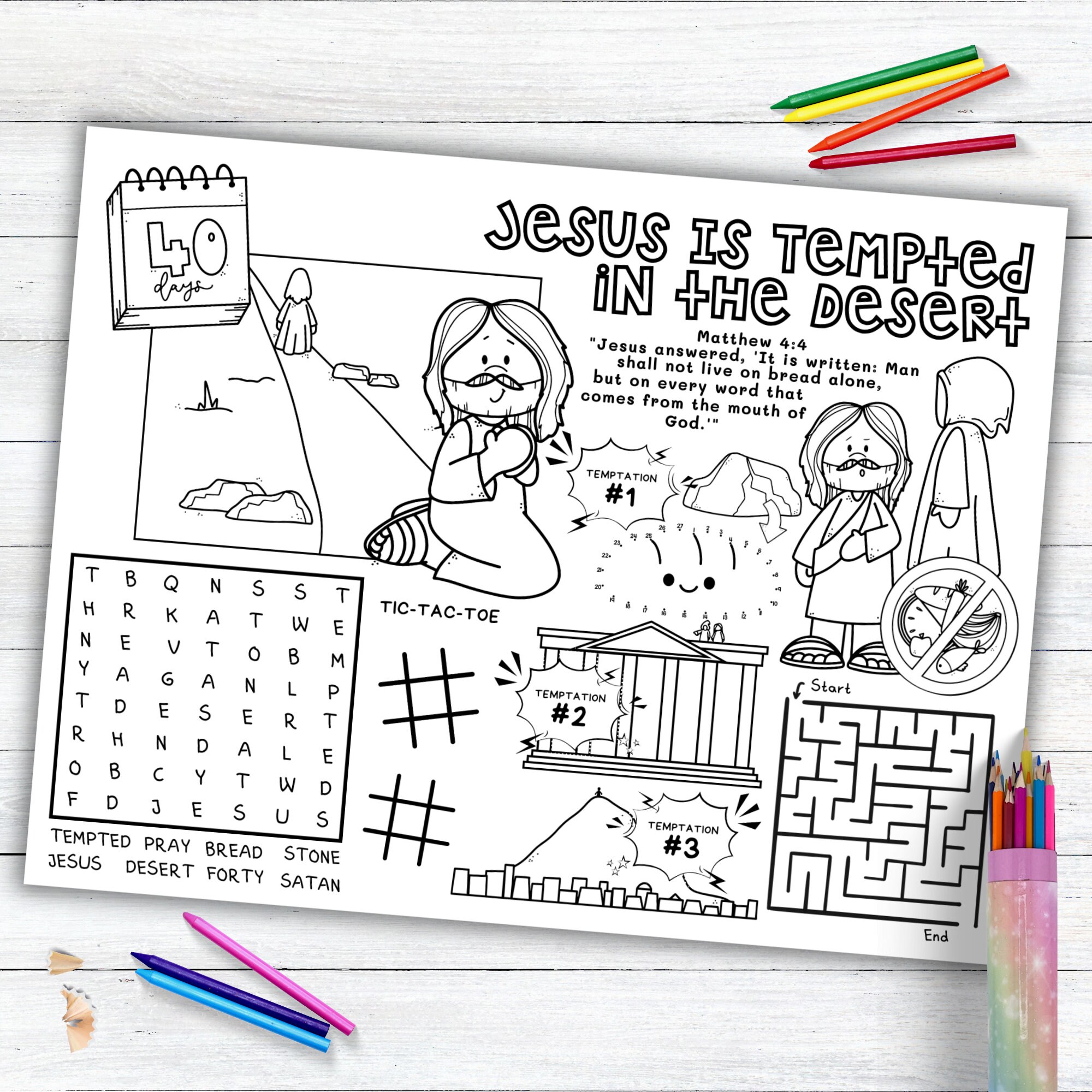 Jesus is Tempted in the Desert Activity Placemat, Bible Story Coloring ...