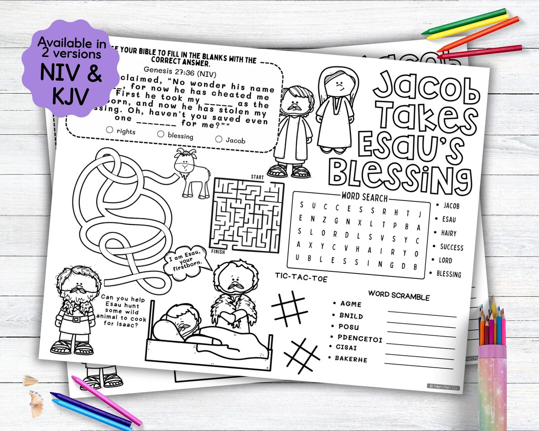 Jacob Takes Esau's Blessing Activity Placemat, Bible Story Coloring ...