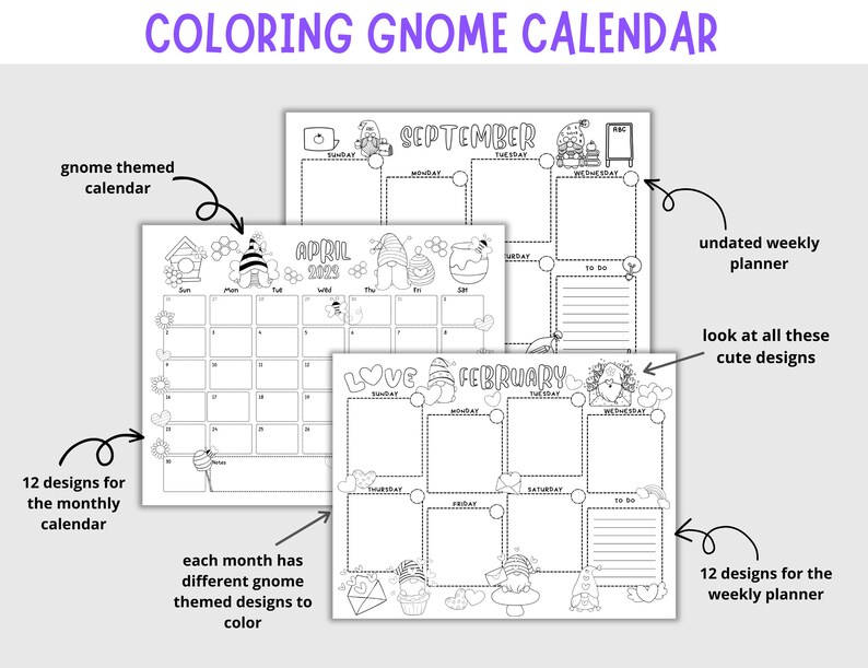 2024 Coloring Gnome Calendar - Printable Coloring Monthly Calendar and ...