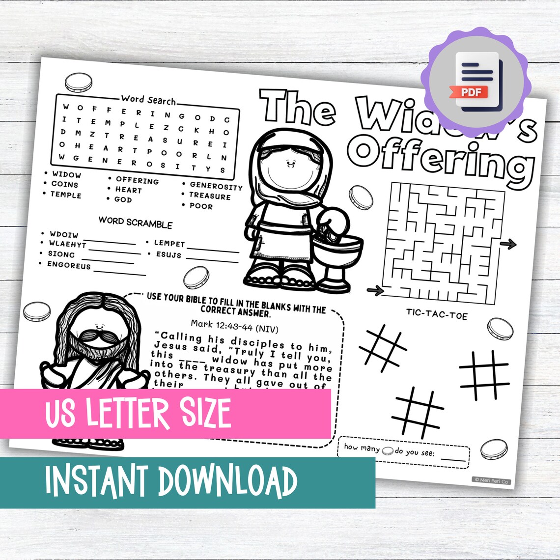 The Widow's Offering Activity Placemat, Jesus Bible Story Coloring ...