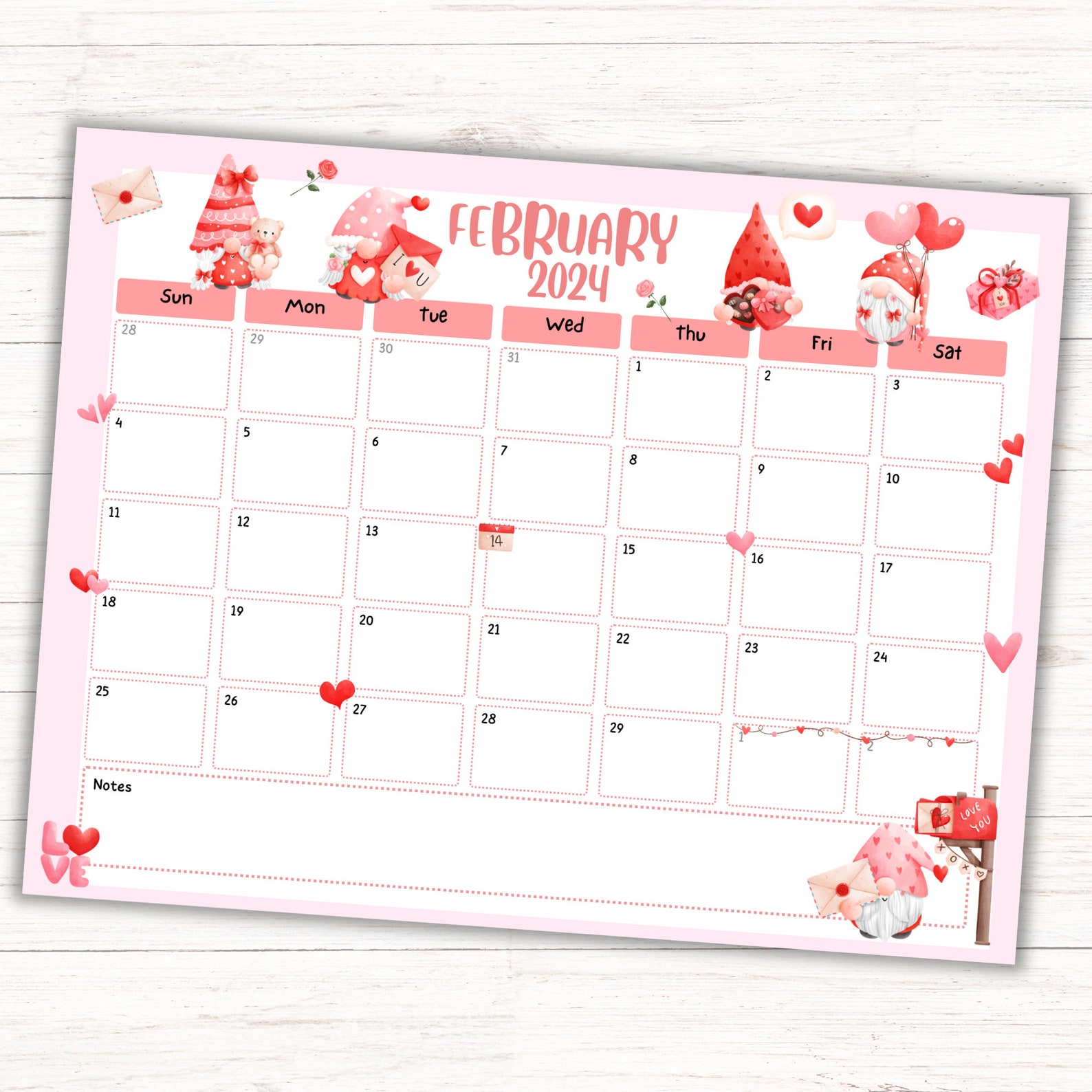 February 2024 Valentines Gnome Calendar, EDITABLE/FILLABLE Valentines ...