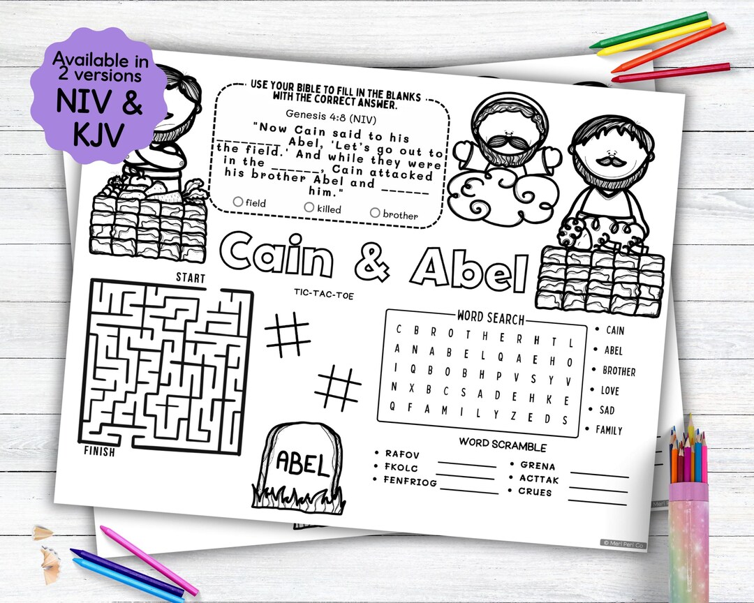 Cain and Abel Activity Placemat, Bible Story Coloring Placemat as ...