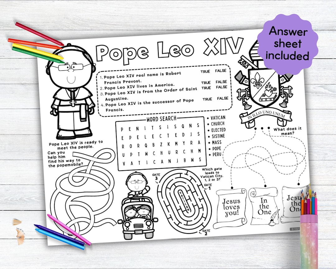 Pope Leo XIV, New Pope Catholic Activity Placemat for Kids | Printable ...