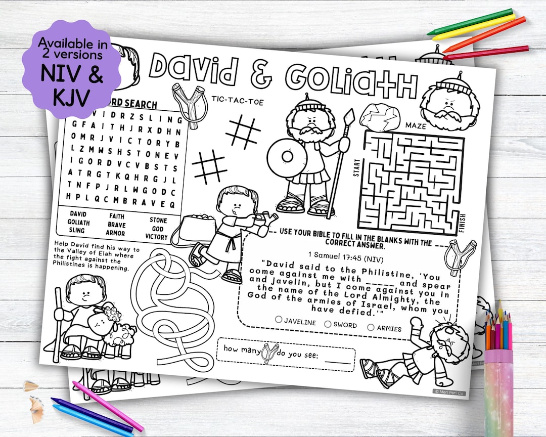 David & Goliath Activity Placemat, Old Testament Bible Story Coloring ...