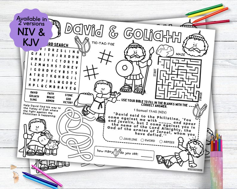 David & Goliath Activity Placemat, Old Testament Bible Story Coloring ...