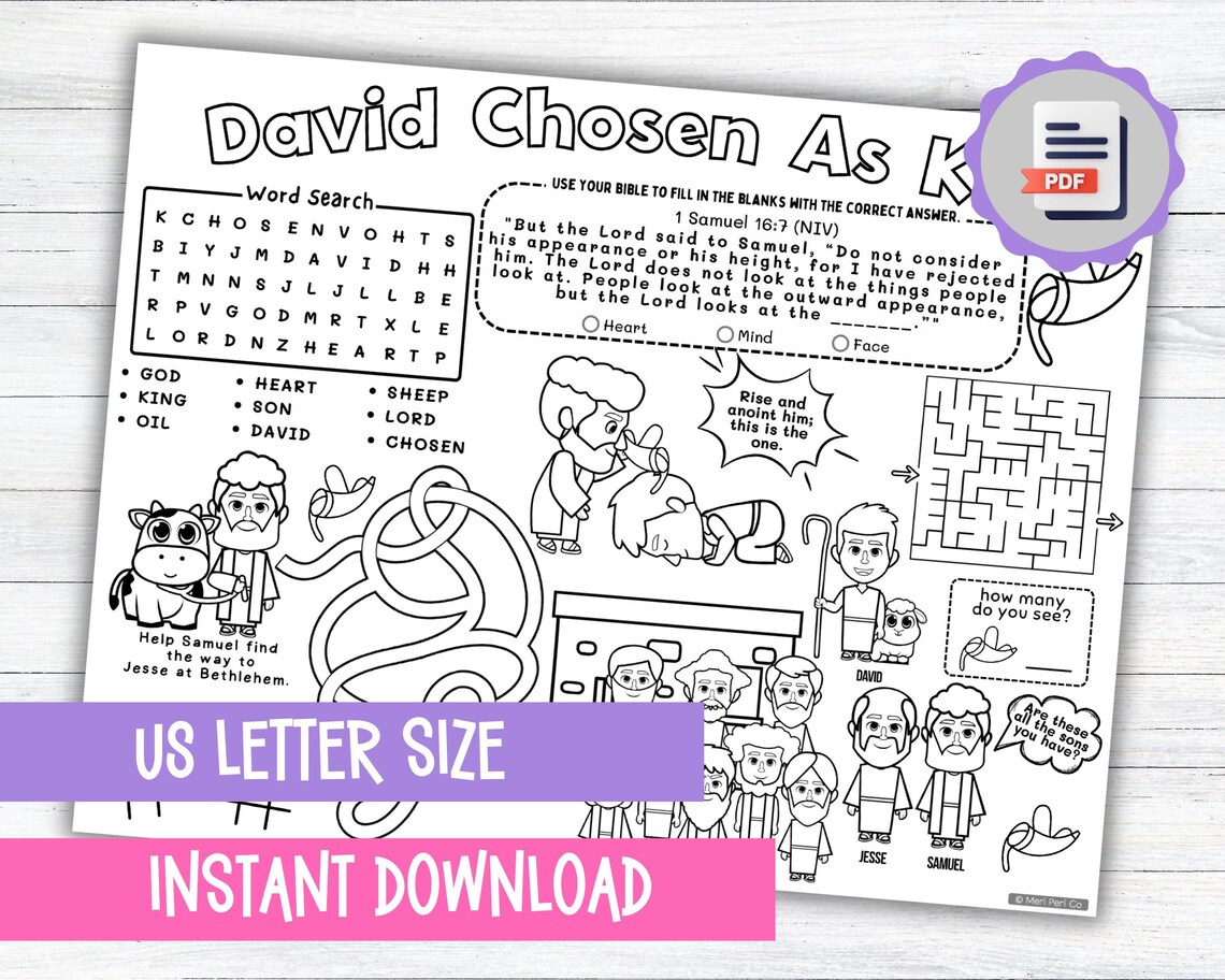 David Chosen as King Activity Placemat, Old Testament Bible Story ...