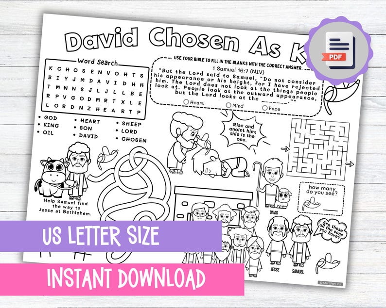 David Chosen as King Activity Placemat, Old Testament Bible Story ...