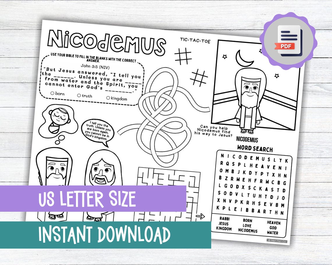 Jesus Teaches Nicodemus Activity Placemat, New Testament Bible Coloring ...
