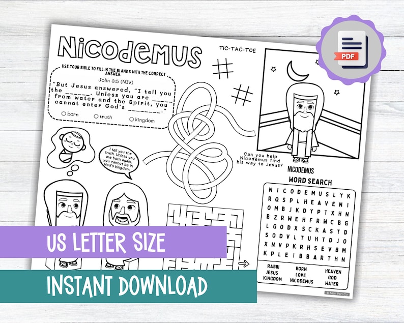 Jesus Teaches Nicodemus Activity Placemat, New Testament Bible Coloring ...