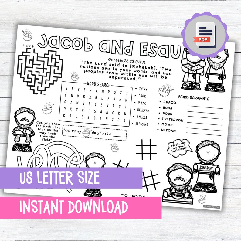 Jacob and Esau Activity Placemat, Bible Story Coloring Placemat as ...