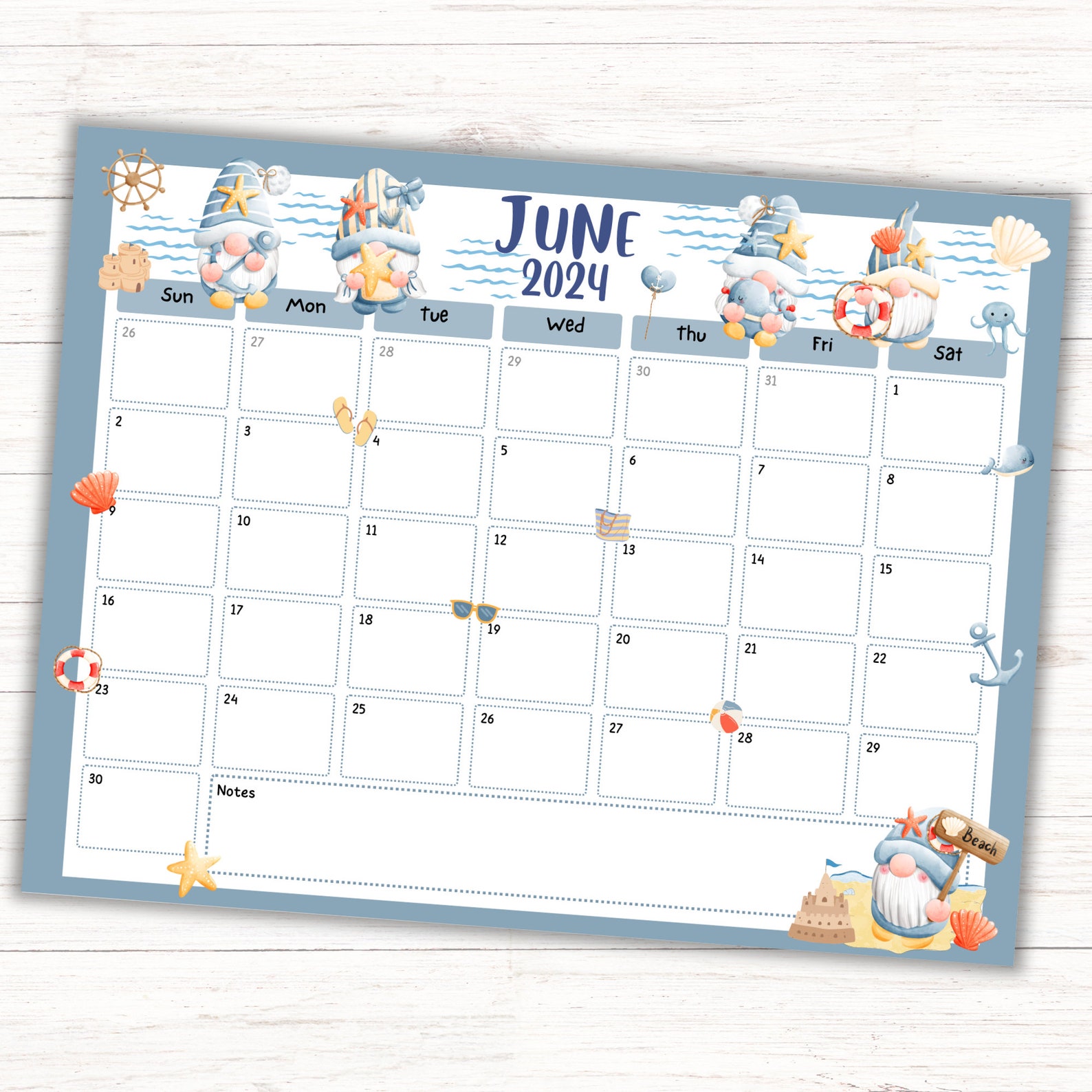 June 2024 Beach Gnome Calendar, Beach Gnome Monthly Calendar, Printable ...
