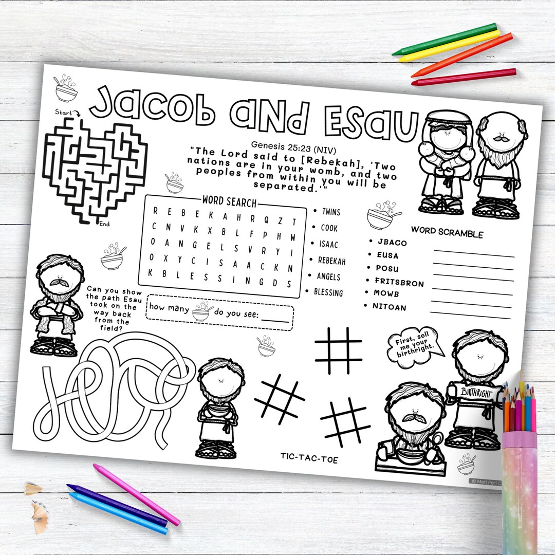 Jacob and Esau Activity Placemat, Bible Story Coloring Placemat as ...