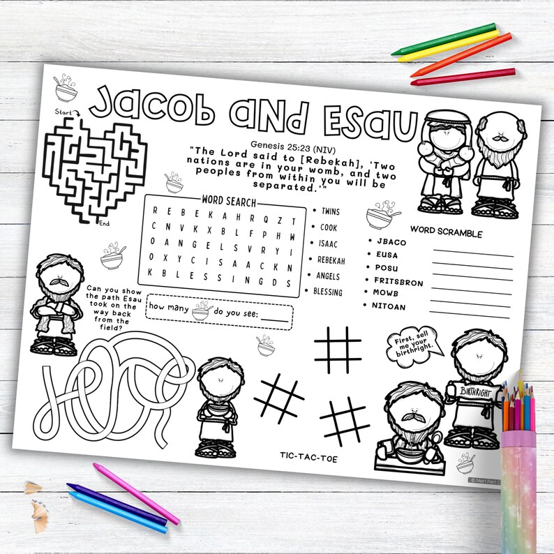 Jacob and Esau Activity Placemat, Bible Story Coloring Placemat as ...