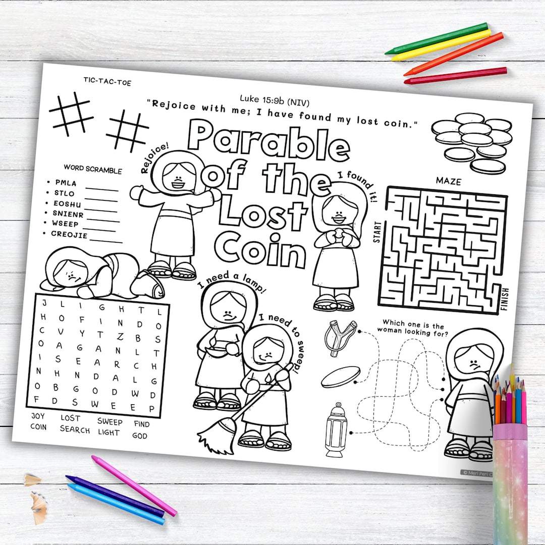 Parable of the Lost Coin Activity Placemat, Jesus Bible Story Coloring ...
