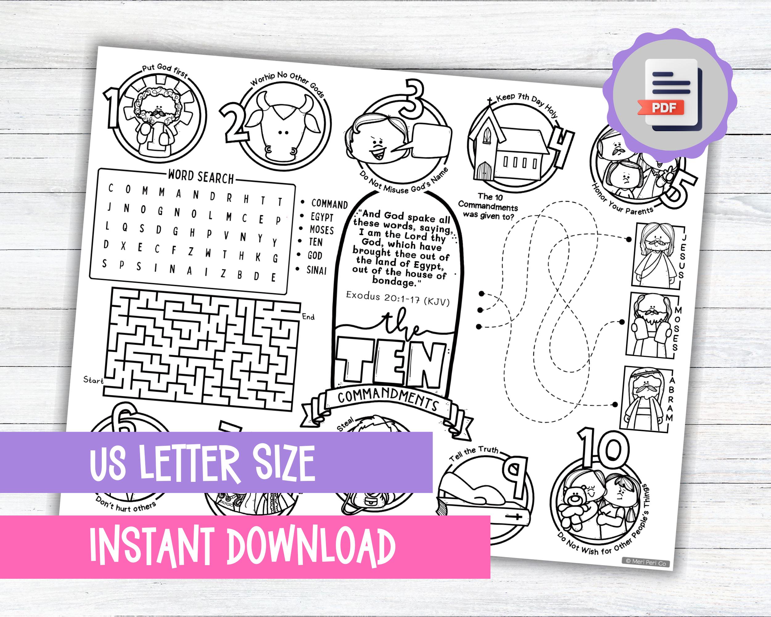 The Ten Commandments Activity Placemat, Bible Story Coloring Placemat ...