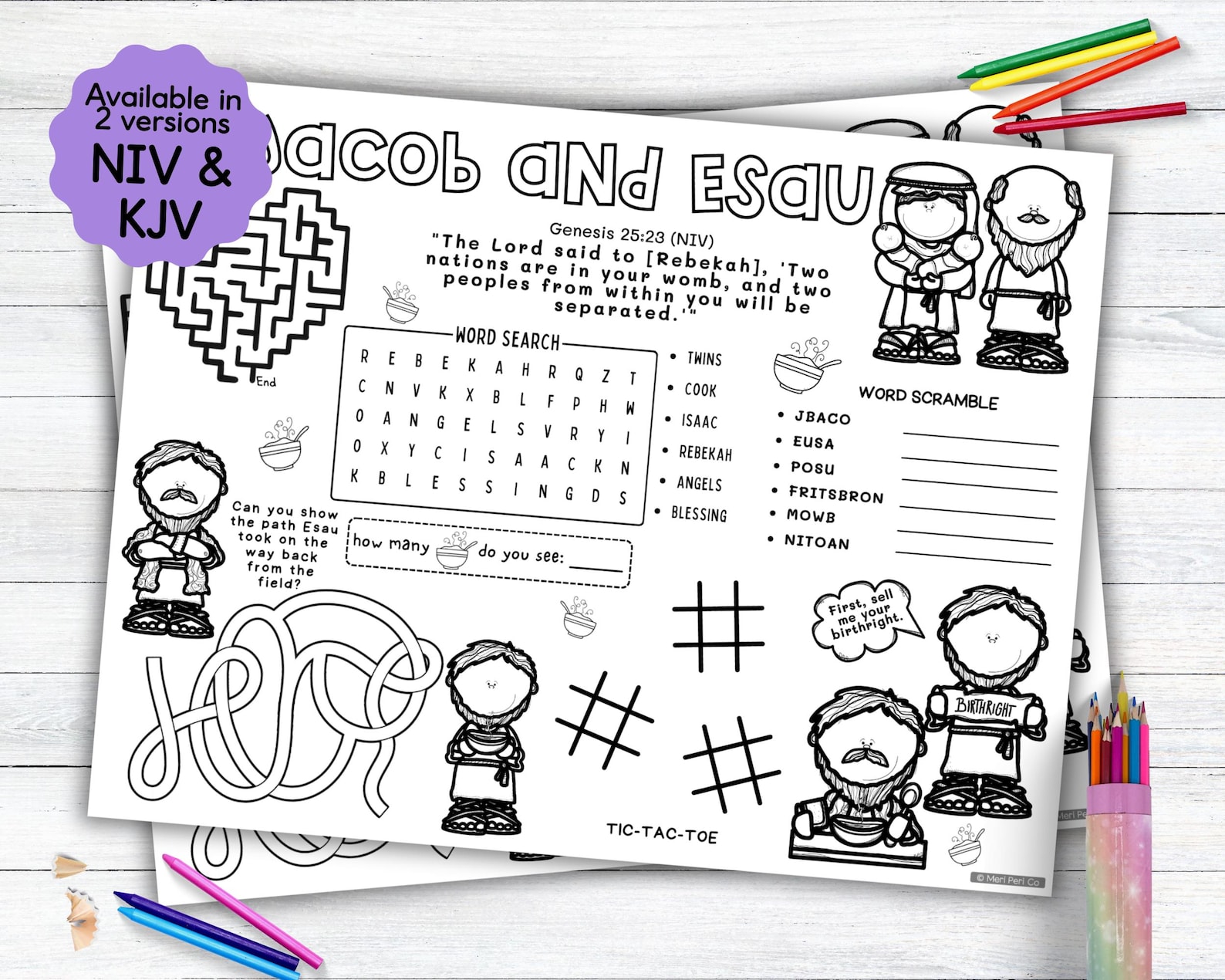 Jacob and Esau Activity Placemat, Bible Story Coloring Placemat as ...