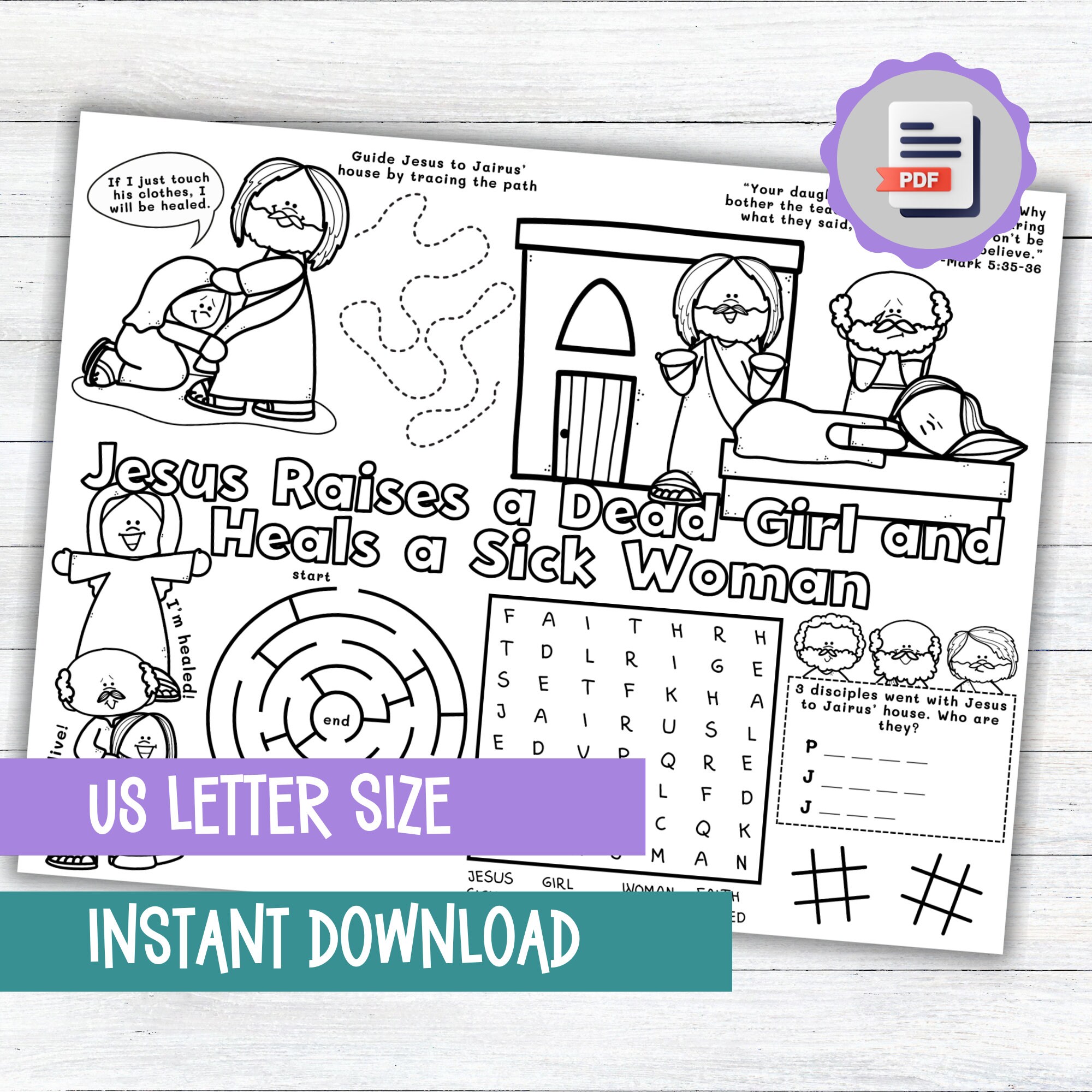 Jesus Raises a Dead Girl, Heals Sick Woman Activity Placemat, Bible ...