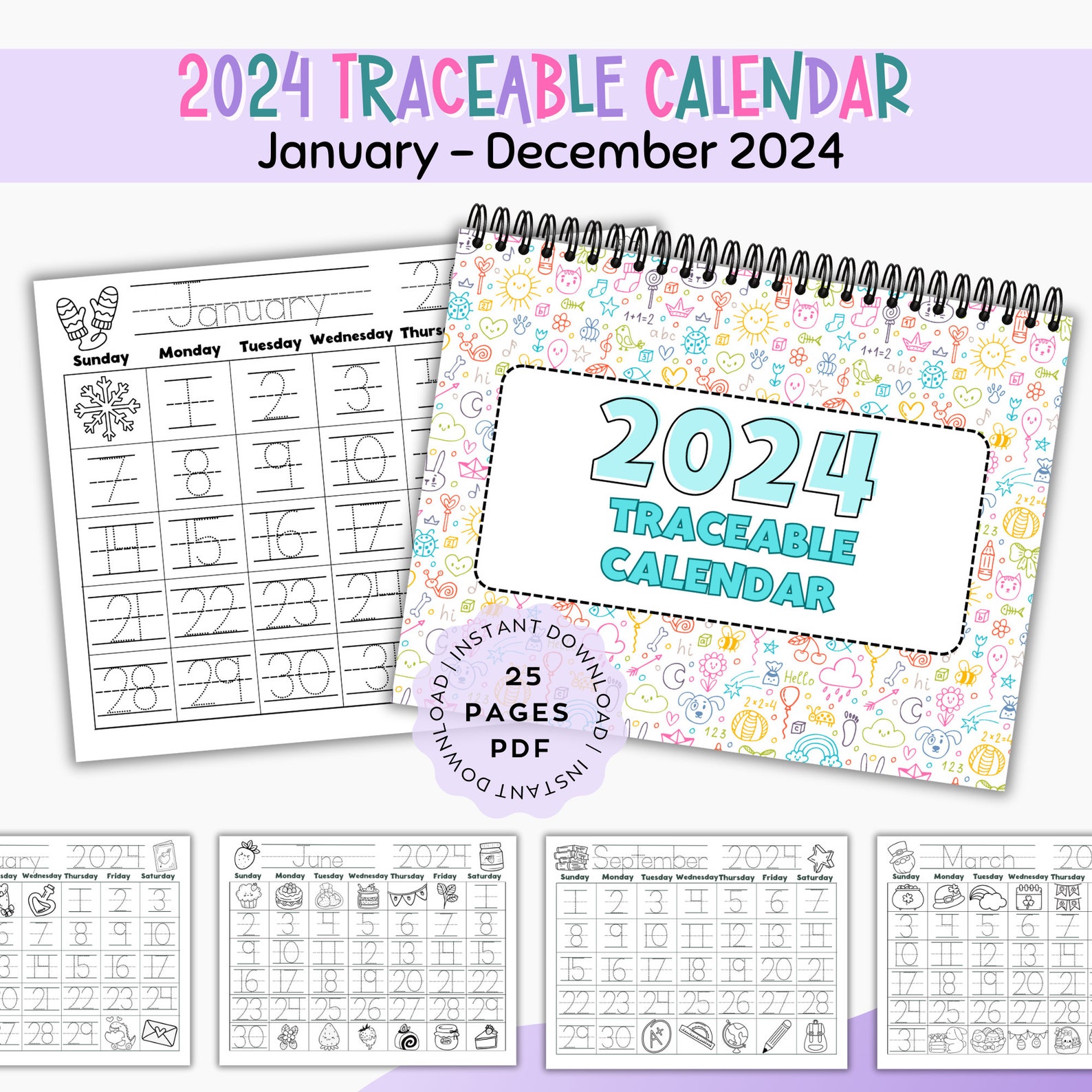 Printable 2024 Traceable Calendar for Kids - Printable Coloring Monthly ...