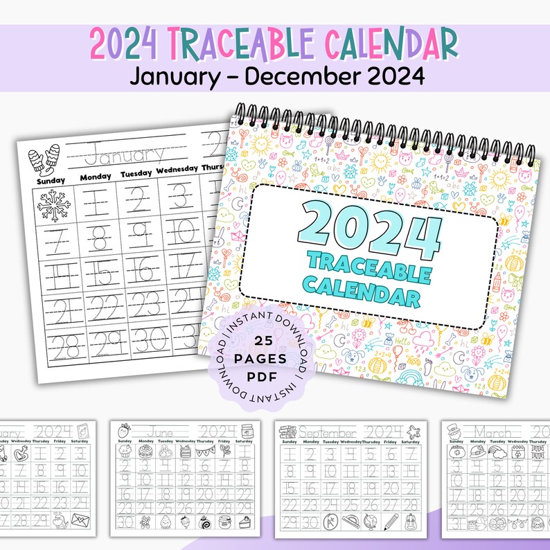 Printable 2024 Traceable Calendar for Kids - Printable Coloring Monthly ...