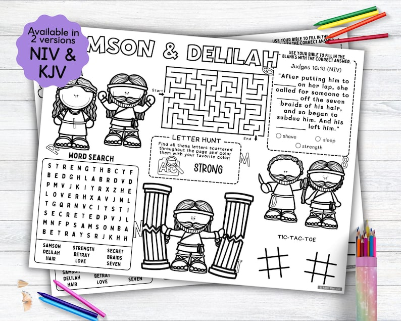 Samson and Delilah Activity Placemat, Bible Story Coloring Placemat as ...