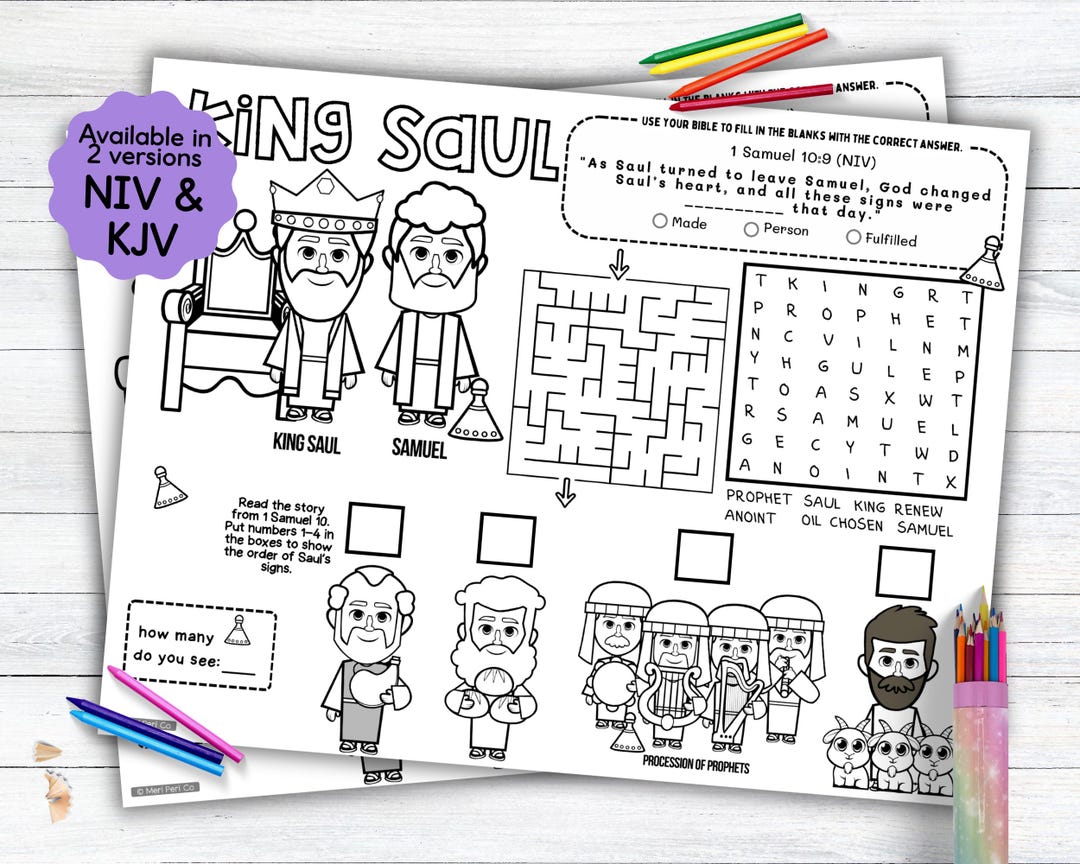 King Saul Activity Placemat, Samuel Anoints Saul Bible Story Coloring ...