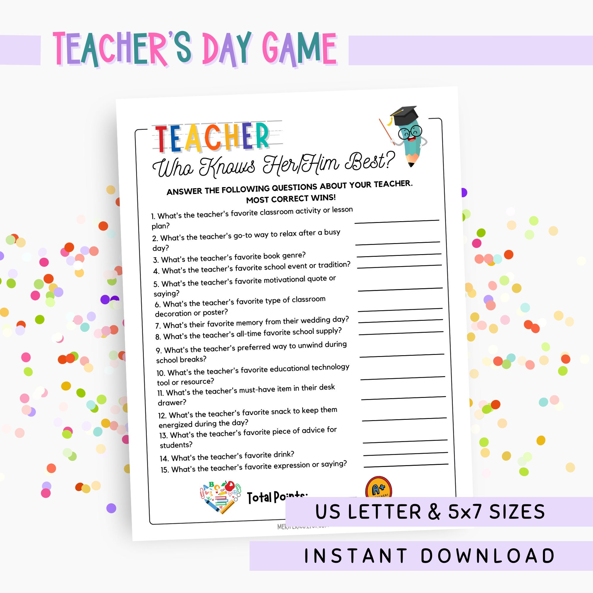 Who Knows the Teacher Best Printable Game Teacher's Day Game Teacher ...