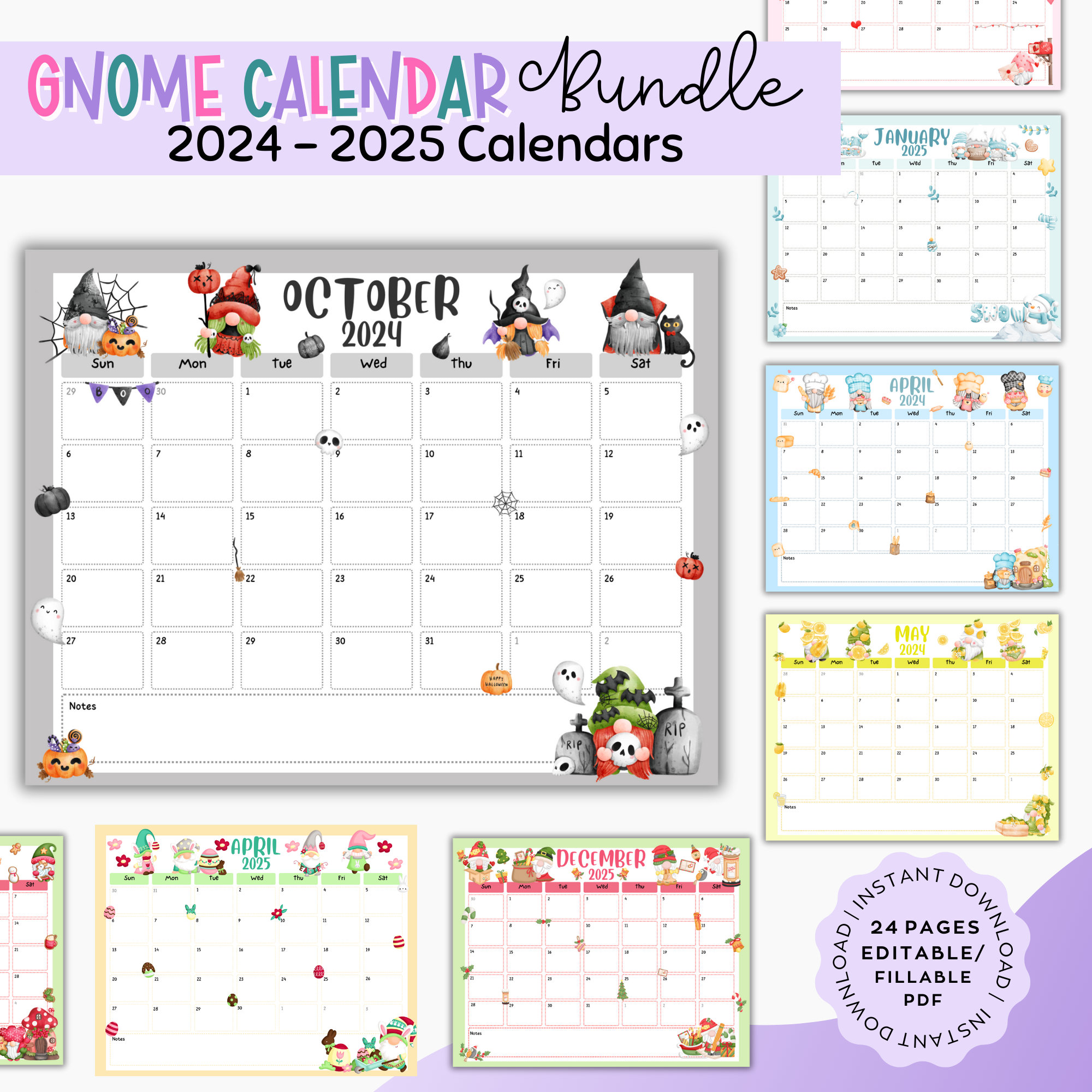 2024-2025 Gnome Calendar Bundle, EDITABLE/FILLABLE Gnome Themed Monthly ...