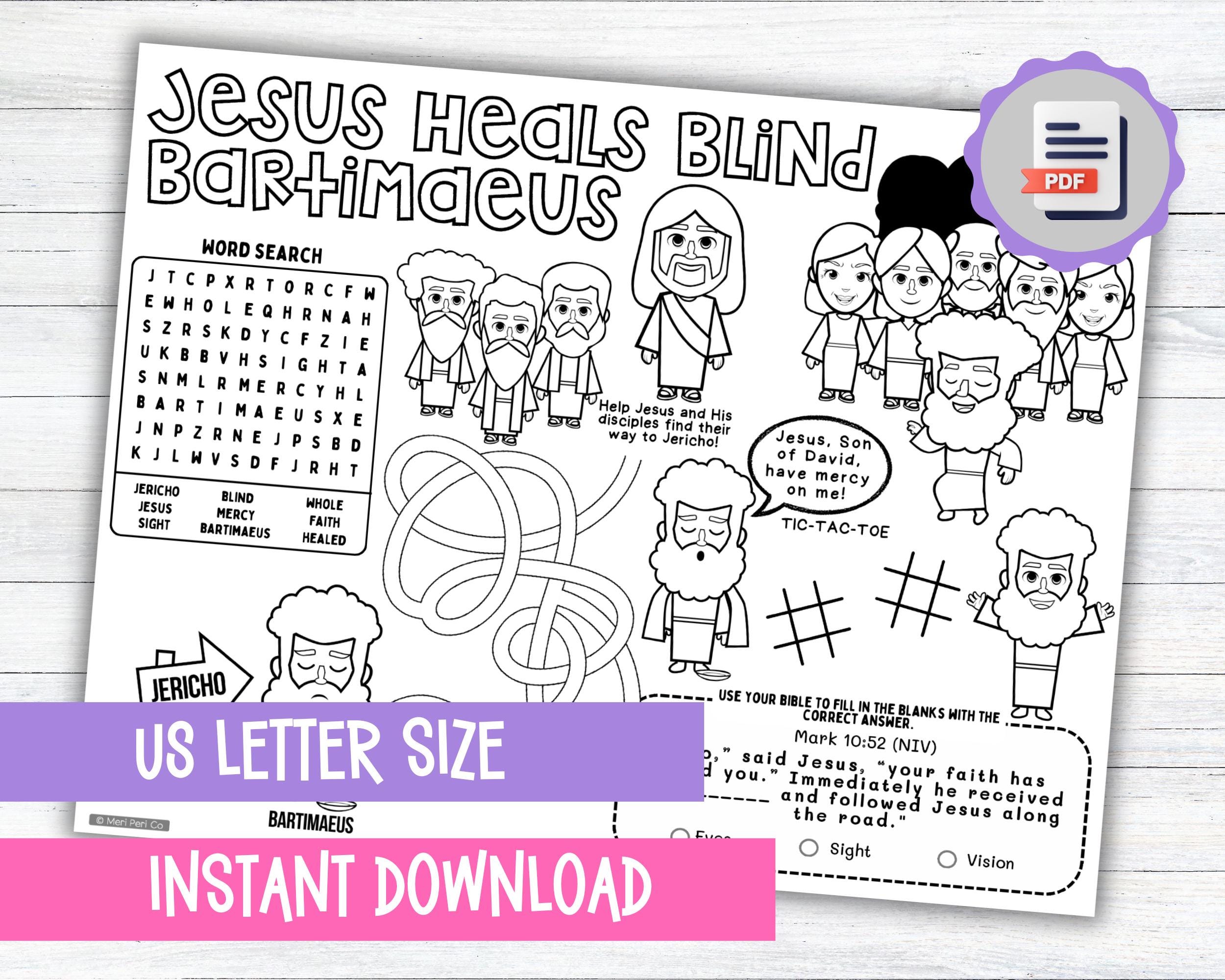 Jesus Heals Blind Bartimaeus Activity Placemat, Bible Story Coloring ...