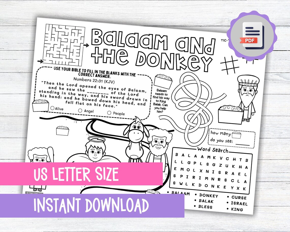 Balaam and the Donkey Activity Placemat, Old Testament Bible Coloring ...