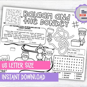 Balaam and the Donkey Activity Placemat, Old Testament Bible Coloring ...