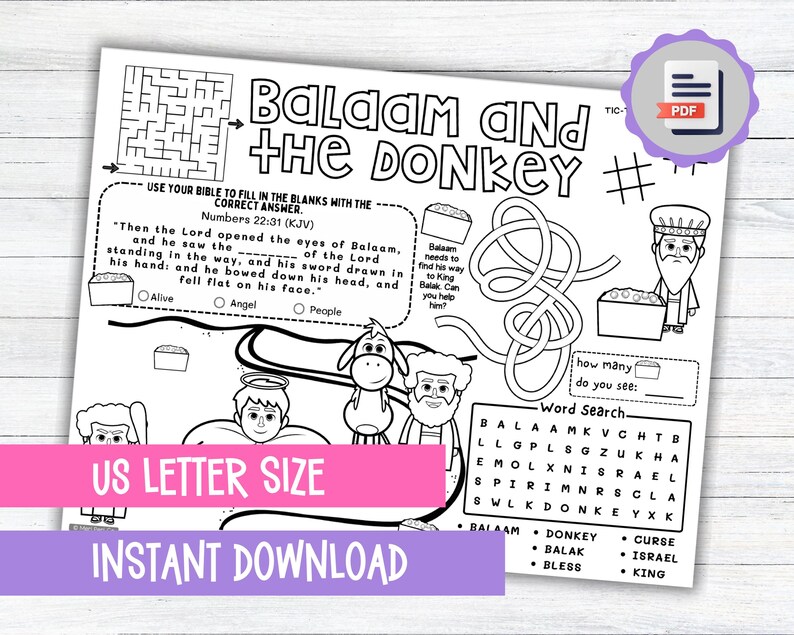 Balaam and the Donkey Activity Placemat, Old Testament Bible Coloring ...