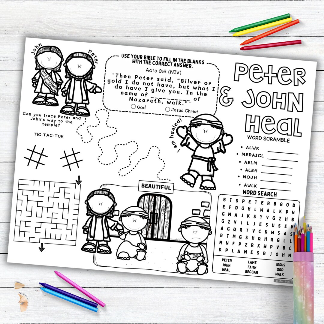Peter and John Heal Activity Placemat, Jesus Bible Story Coloring ...